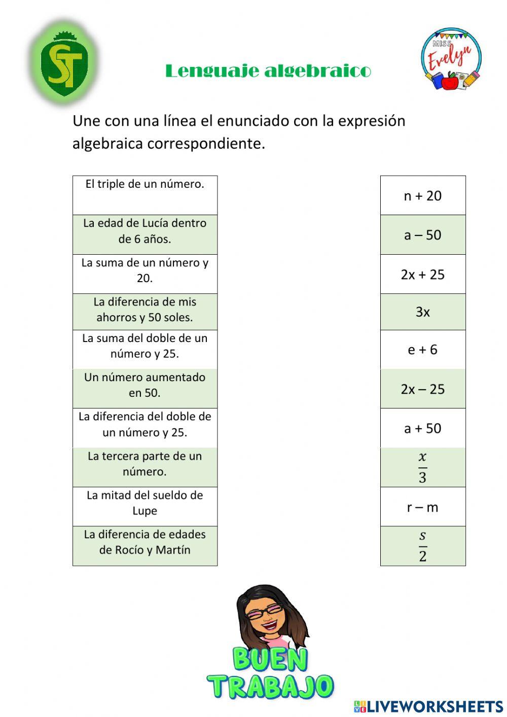 Lenguaje algebr… | Free Interactive Worksheets | 912092