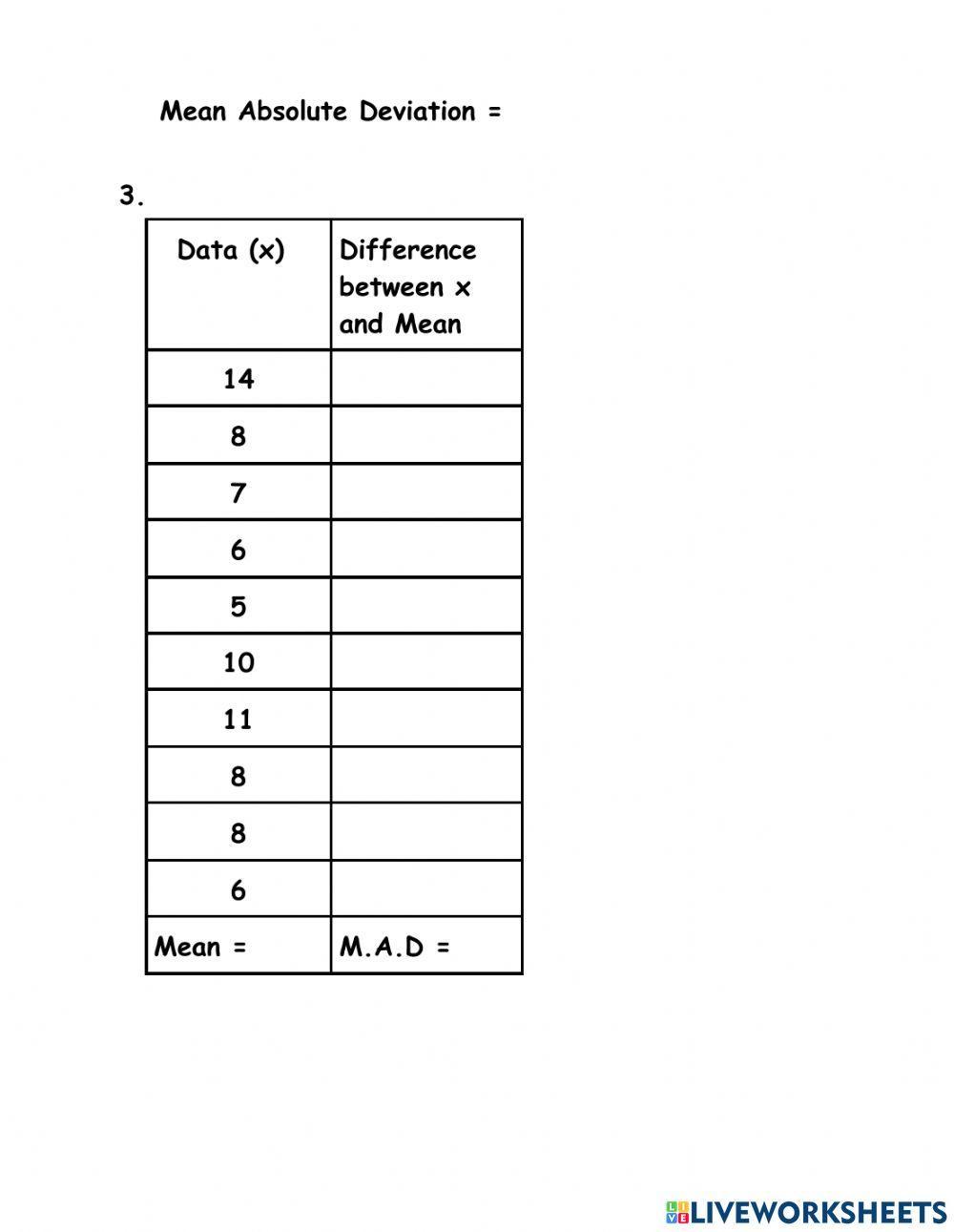 Ch 11 Ln 4 Mean Absolute Deviation Worksheet Live Worksheets