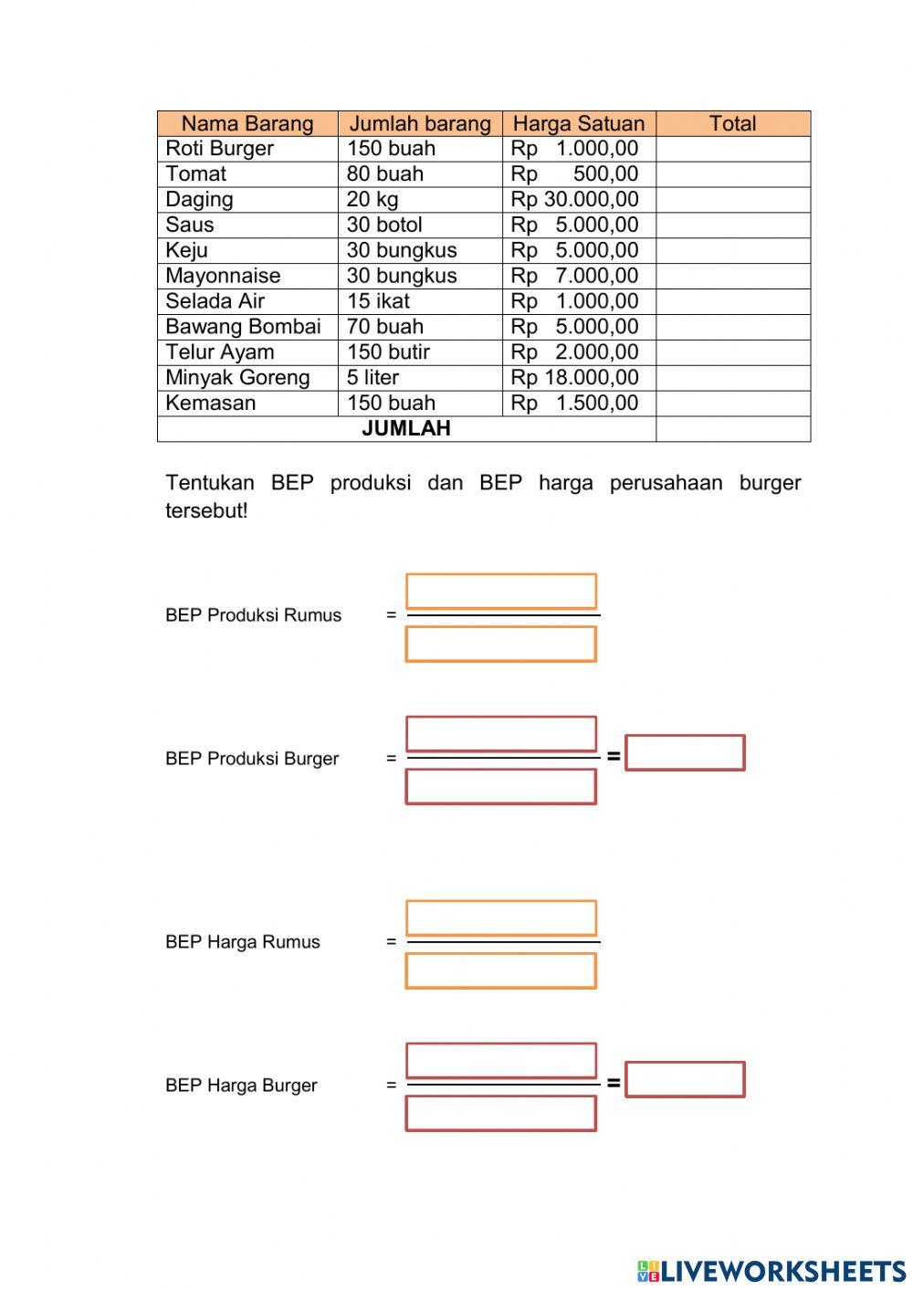 Latihan soal bep worksheet | Live Worksheets
