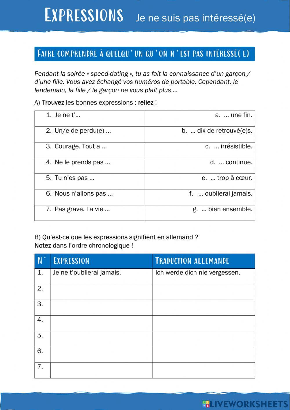 Fdt Je ne suis pas intéressé(e) worksheet | Live Worksheets