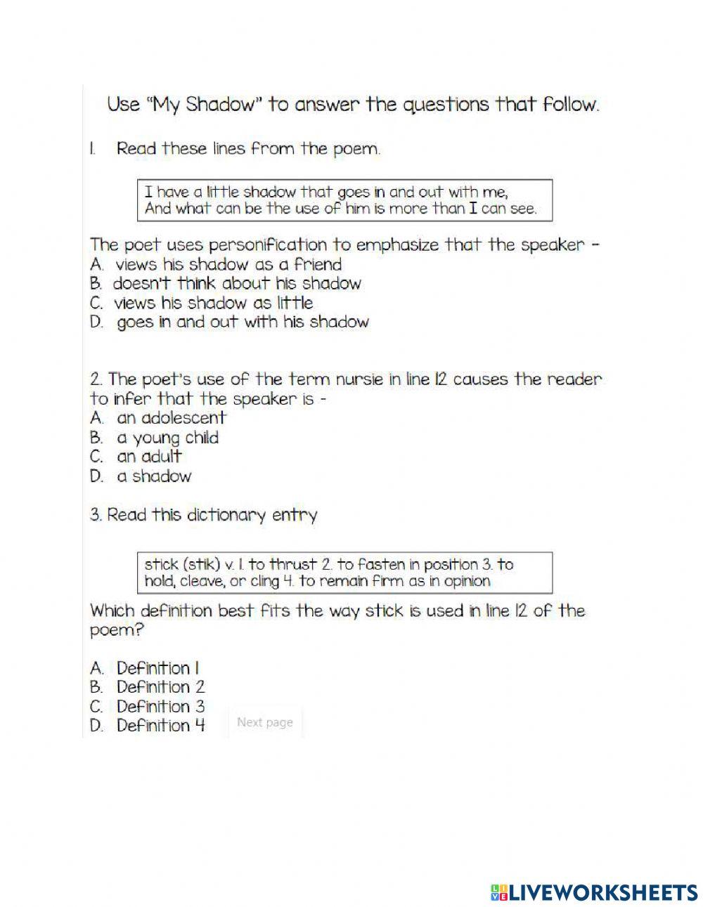 Shadows 1- 7 online exercise for | Live Worksheets