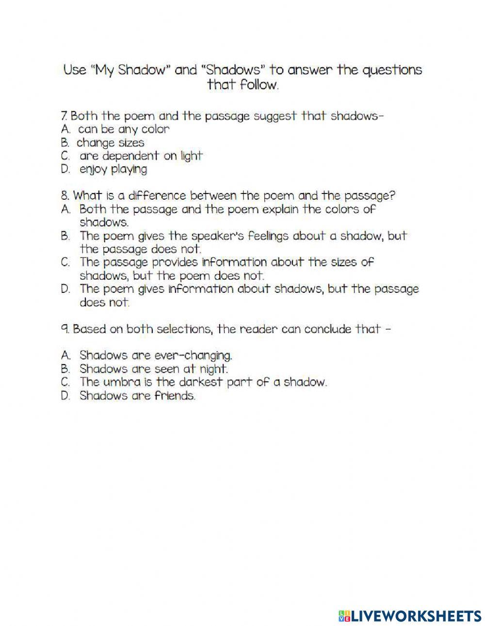 Shadows 1- 7 online exercise for | Live Worksheets