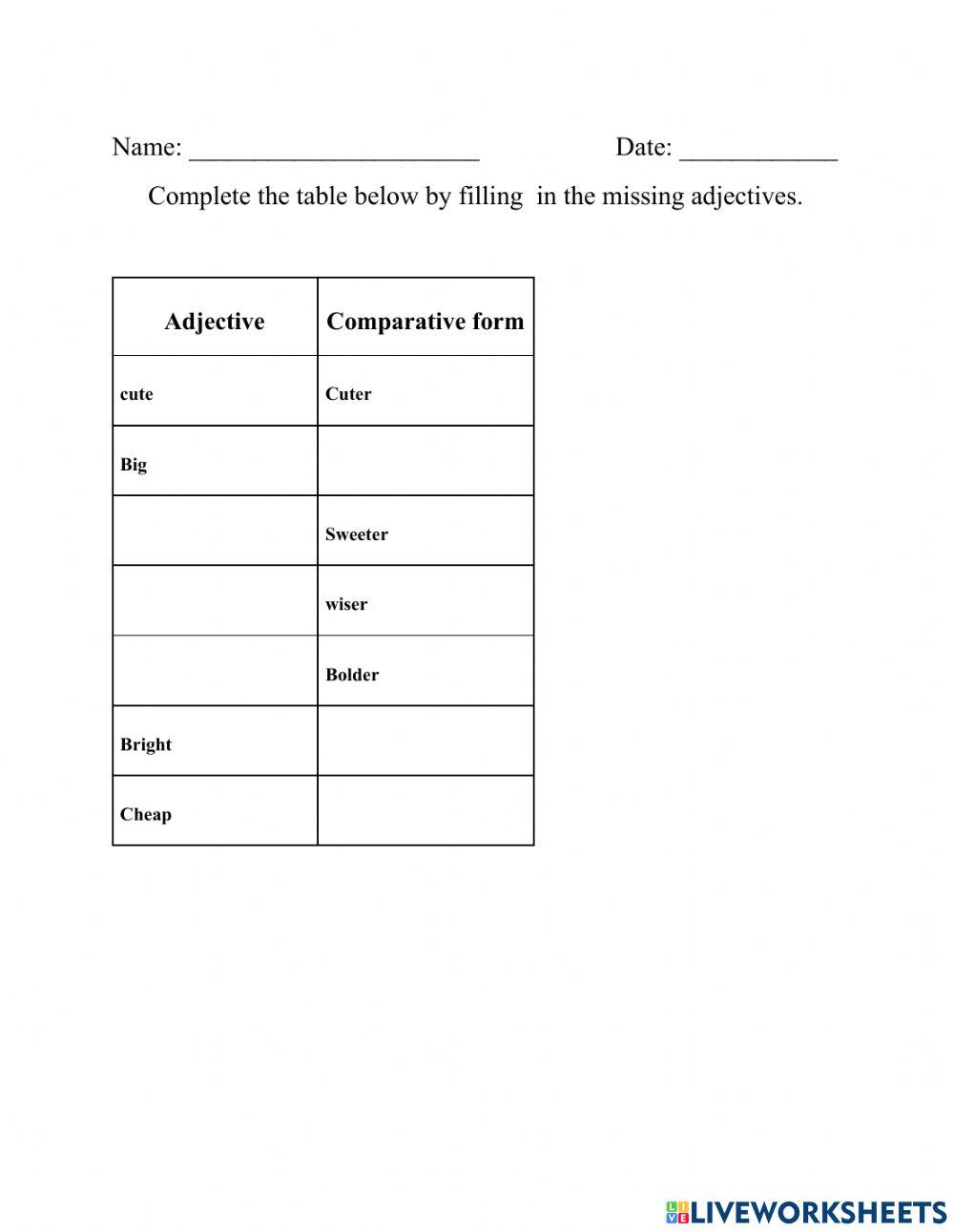 Comparing Adjec… | Free Interactive Worksheets | 913218