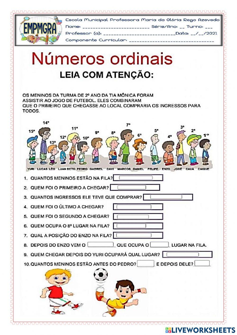 Números ordinais online pdf worksheet | Live Worksheets