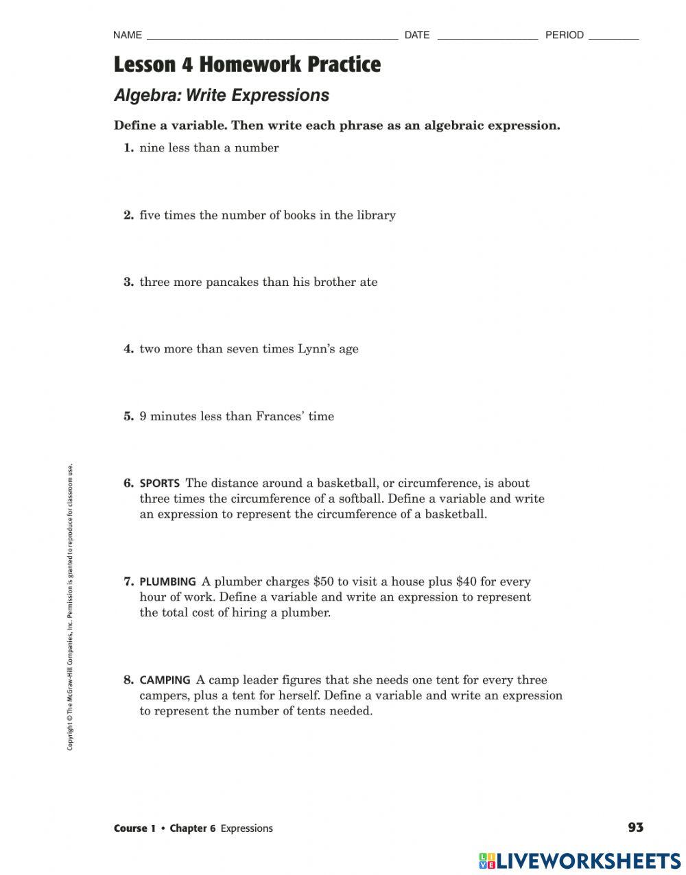 Chapter 6 Lesson 5 Algebra 1 Worksheet
