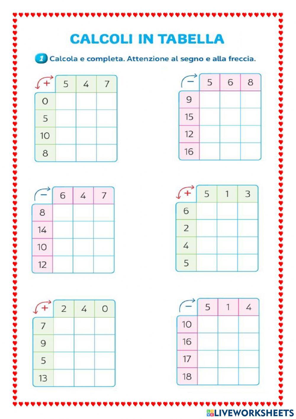 Calcoli in tabella | Live Worksheets