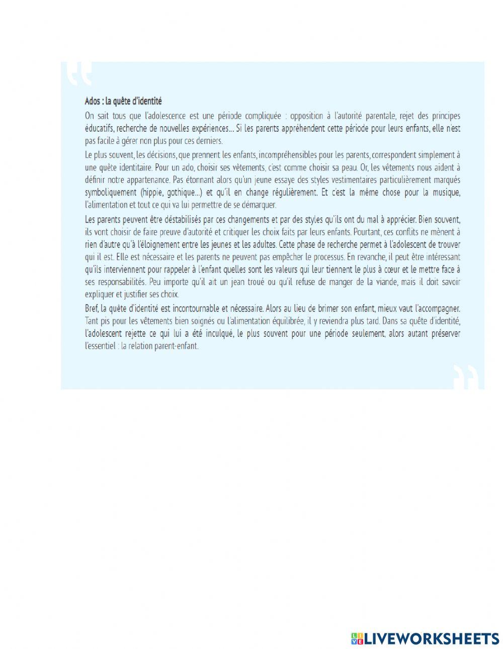 L’adolescence worksheet | Live Worksheets
