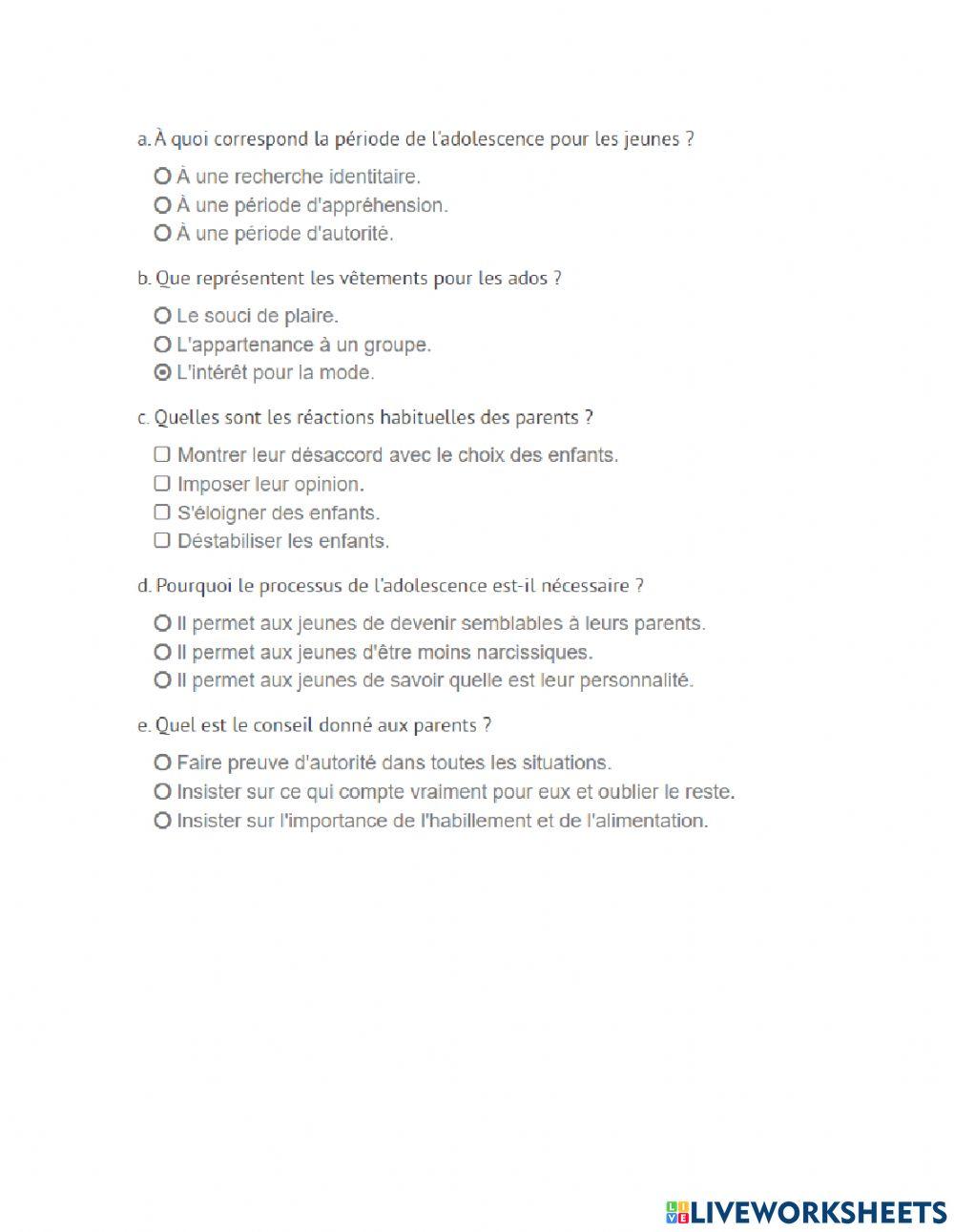 L’adolescence worksheet | Live Worksheets
