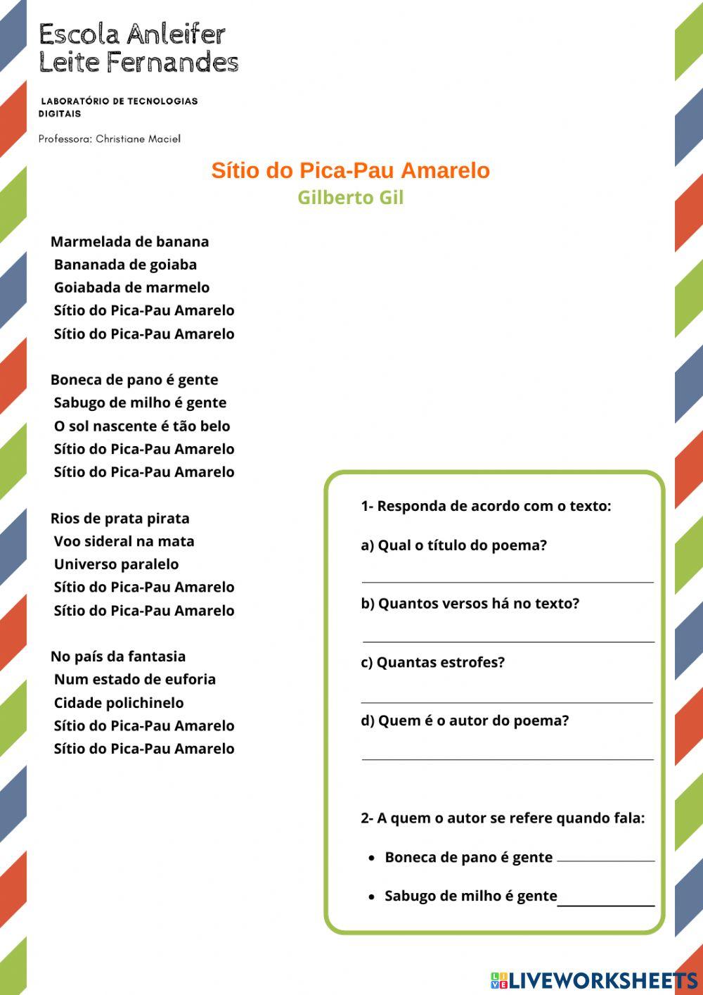 Atividade sobre o Sítio do Pica-Pau worksheet | Live Worksheets
