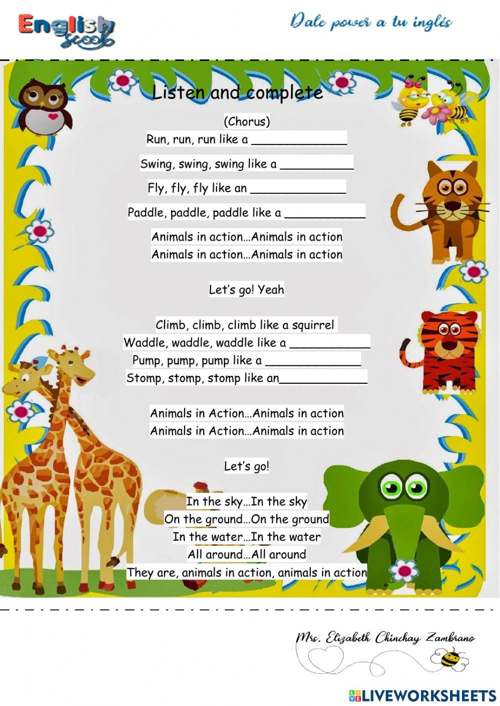 Animals song exercise | Live Worksheets