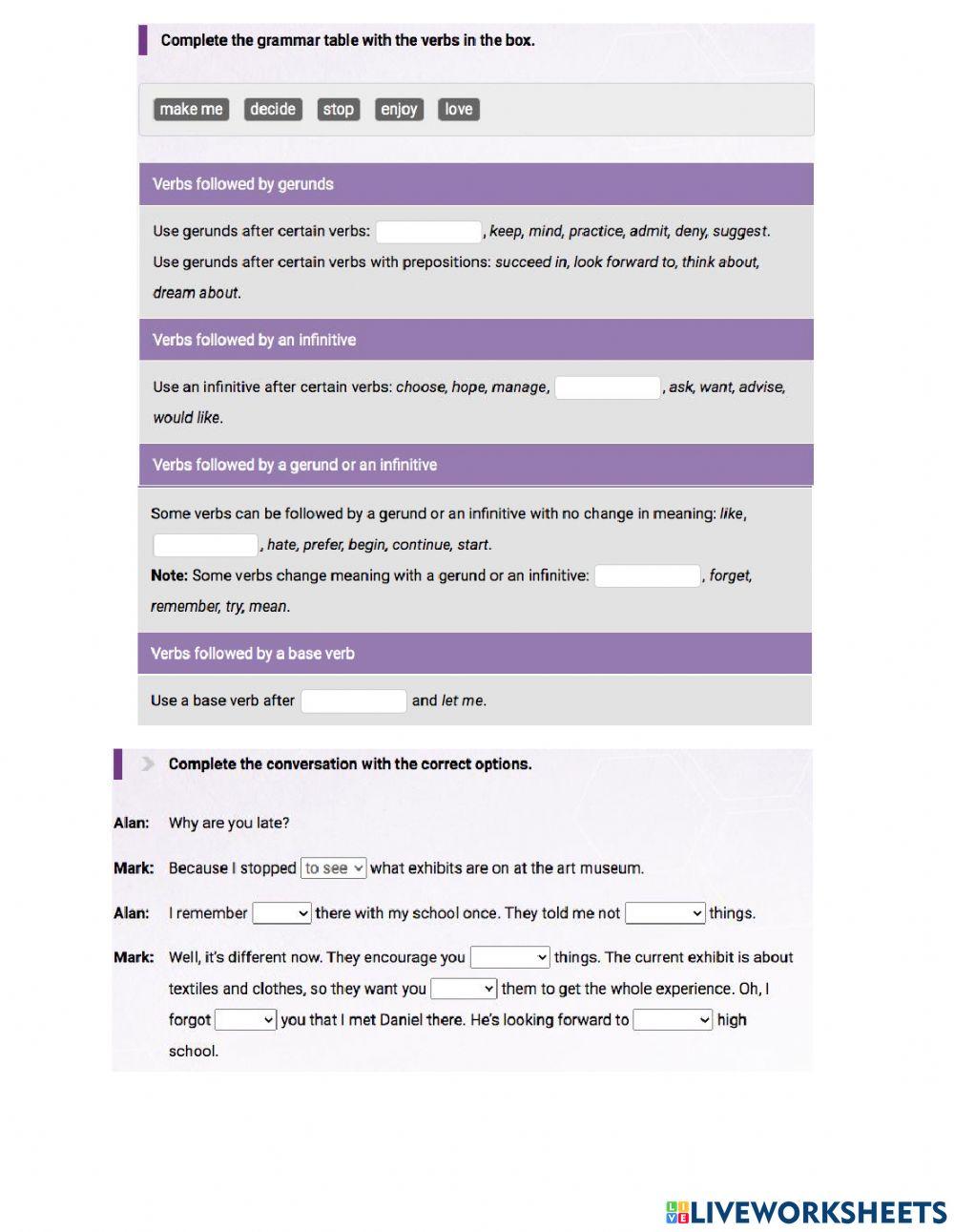 Verbs followed by gerunds and-or infinitives online exercise for | Live ...