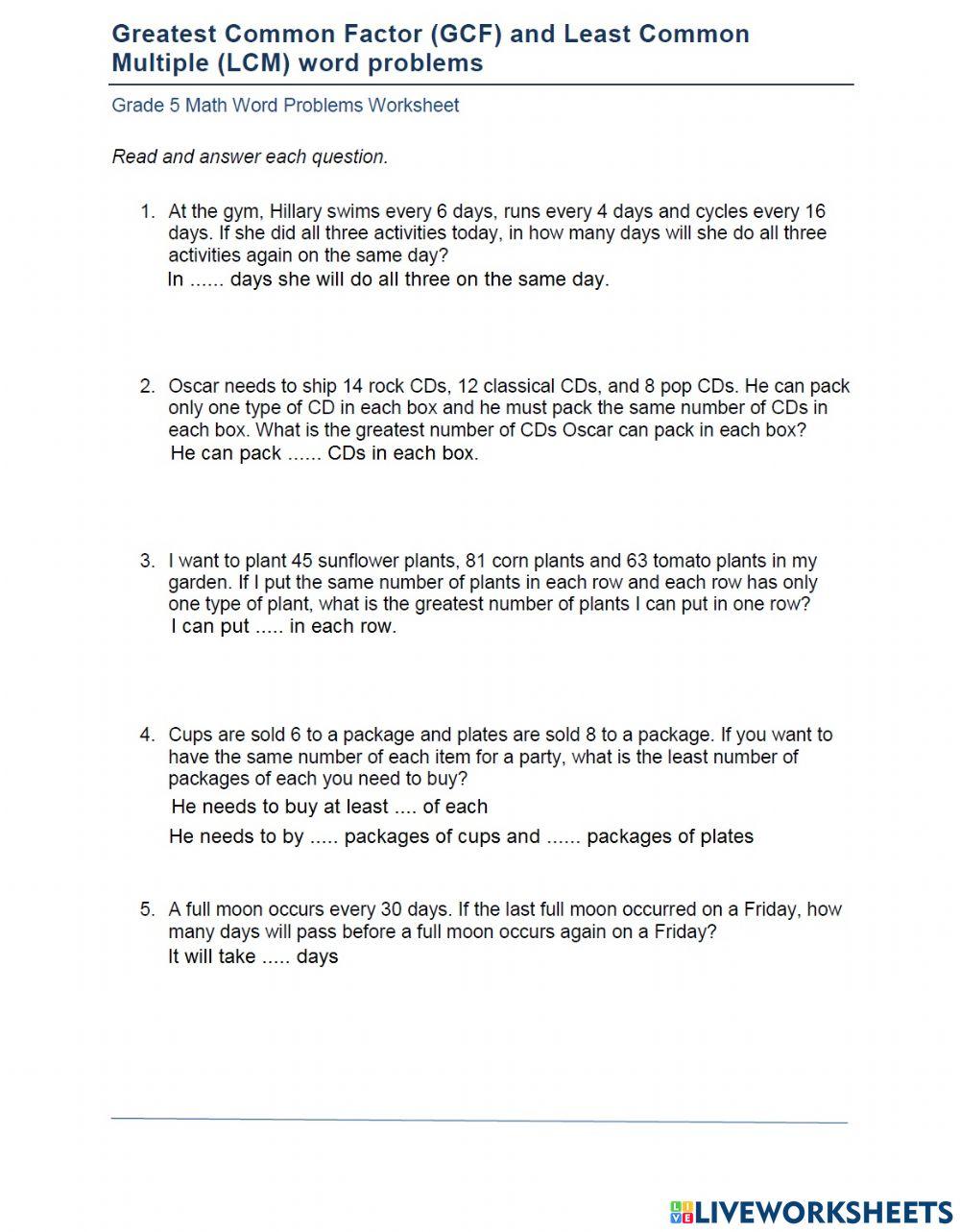 Greatest Common Factor Word Problems Greatest Common Factor Word Problems
