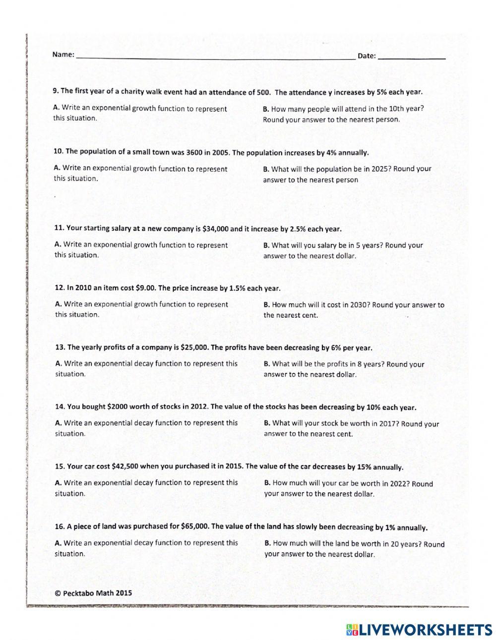 Exponential Growth - Decay Practice online exercise for | Live Worksheets