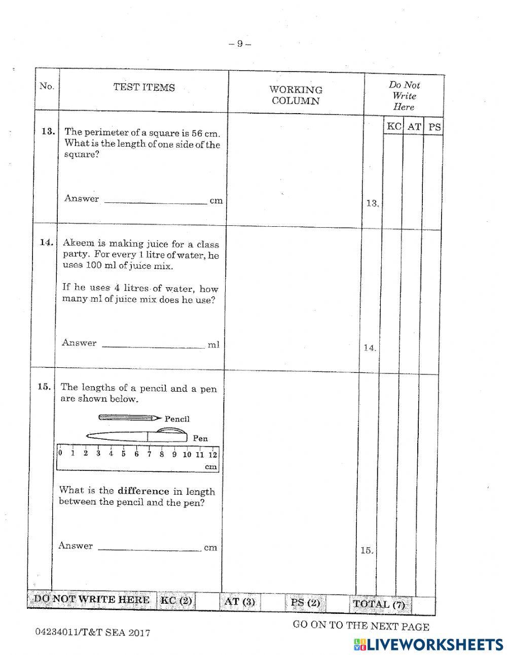 SEA Maths 2017 Section1 online exercise for | Live Worksheets