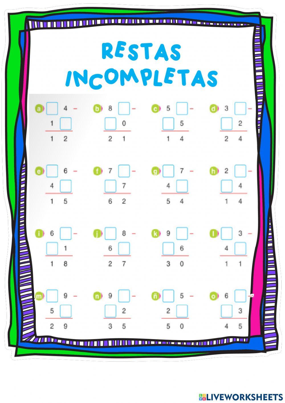 restas incompletas-ficha1 online exercise for | Live Worksheets