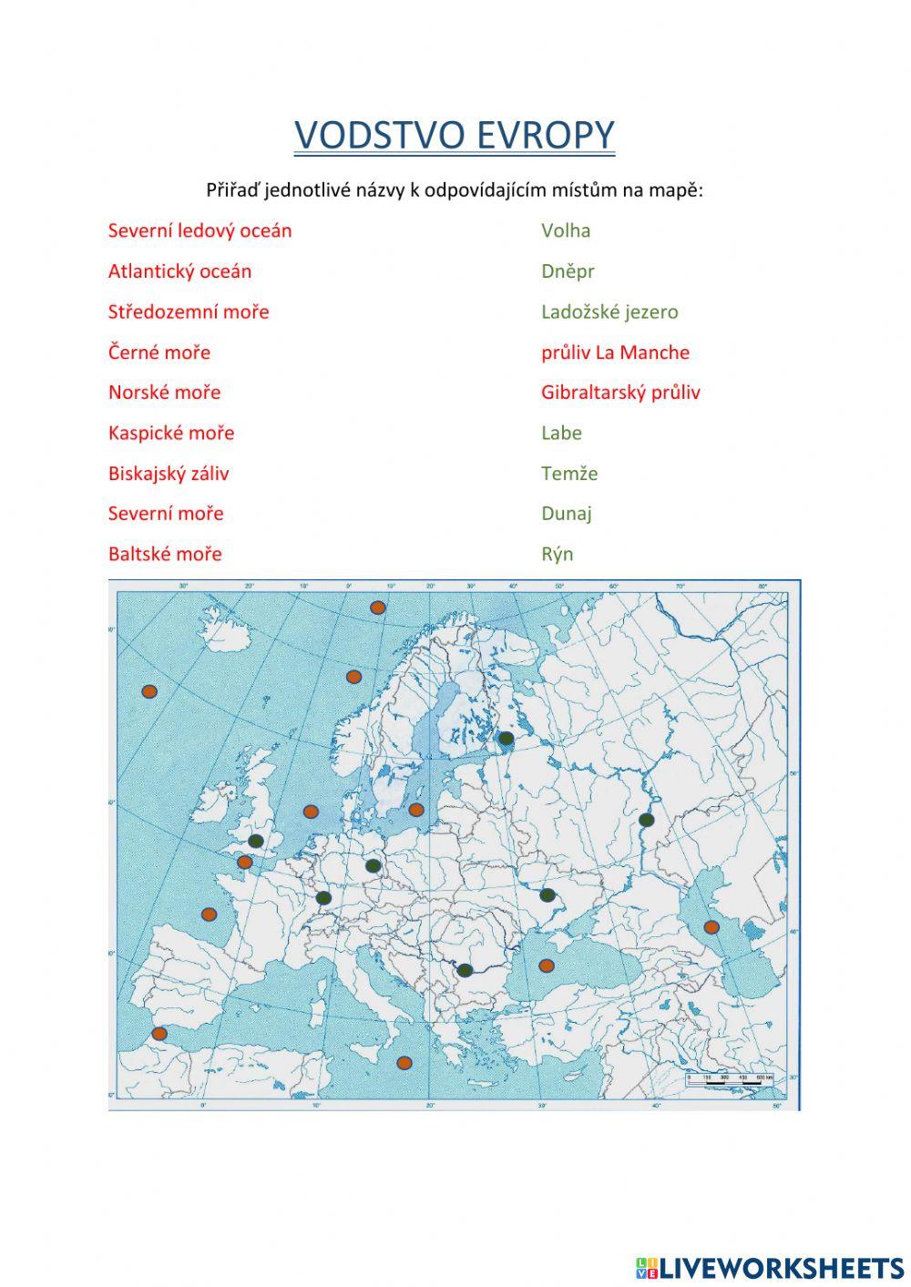 Vodstvo Evropy interactive worksheet | Live Worksheets