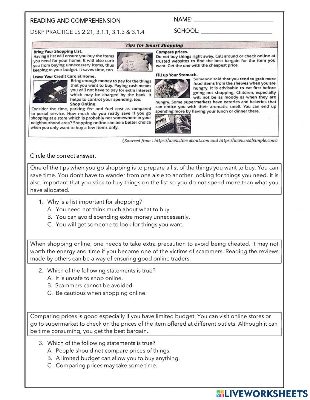 SPM Tips for Smart Shopping worksheet | Live Worksheets