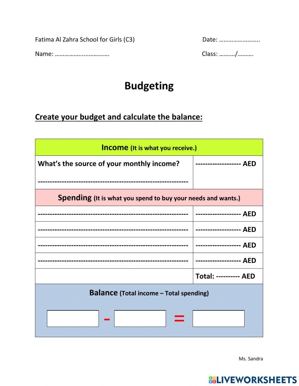 Budgeting(Individual) | SANDRAPOKU | Live Worksheets