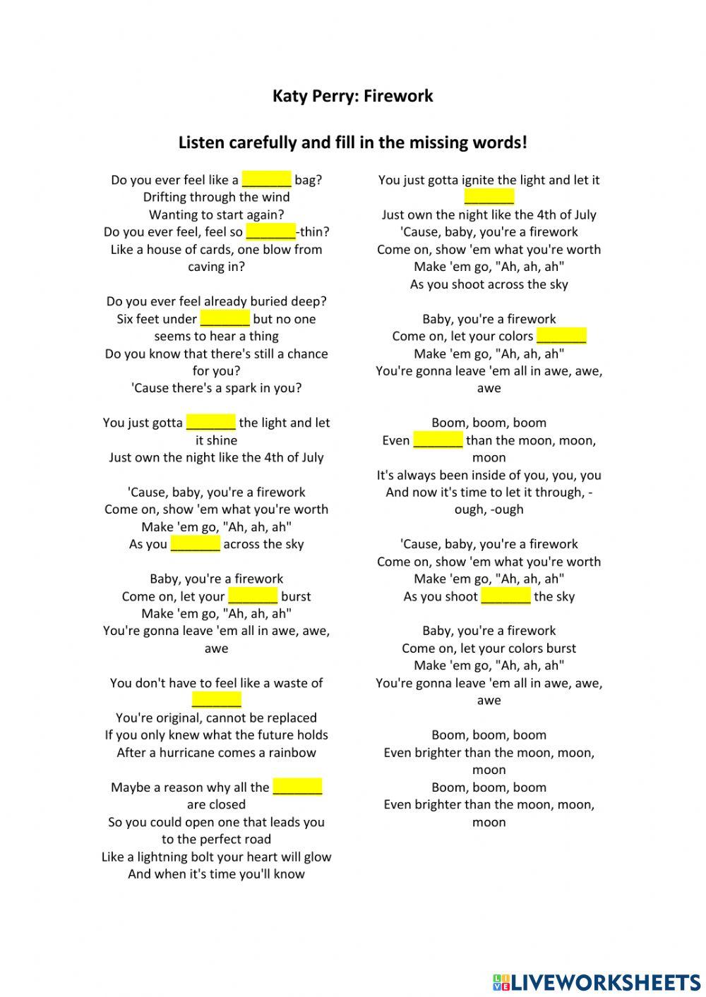 Katy Perry Firework Gap Fill online exercise for | Live Worksheets