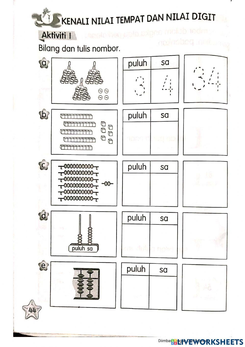 Kenali nilai tempat dan nilai digit interactive worksheet | Live Worksheets