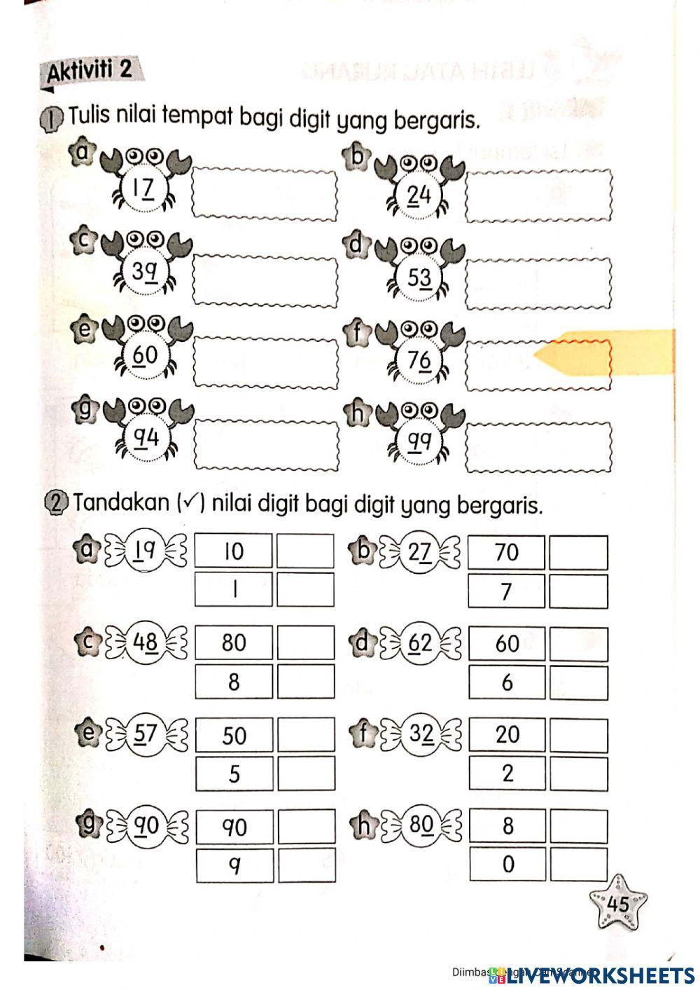 Kenali nilai tempat dan nilai digit interactive worksheet | Live Worksheets