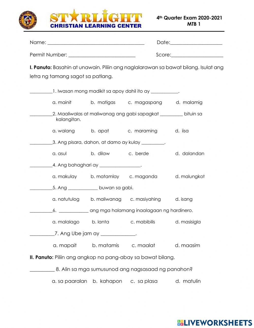 MTB 1 (4th Quarter Exam) online exercise for | Live Worksheets
