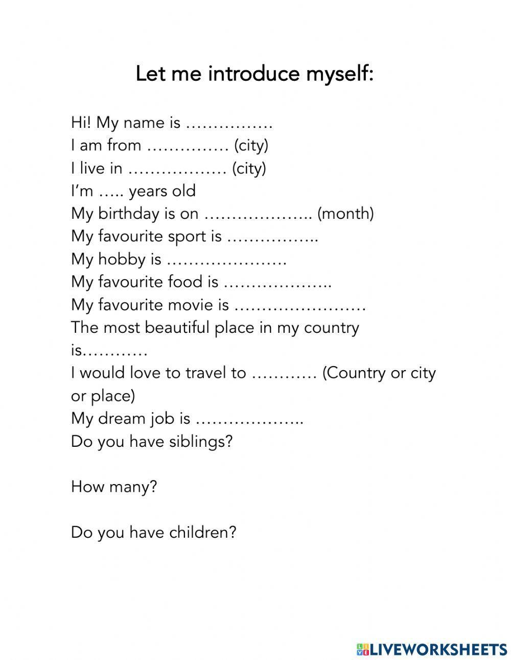 Let Me Introduce Myself – Worksheet💀 Explore a simpatia da pimenta nas ...