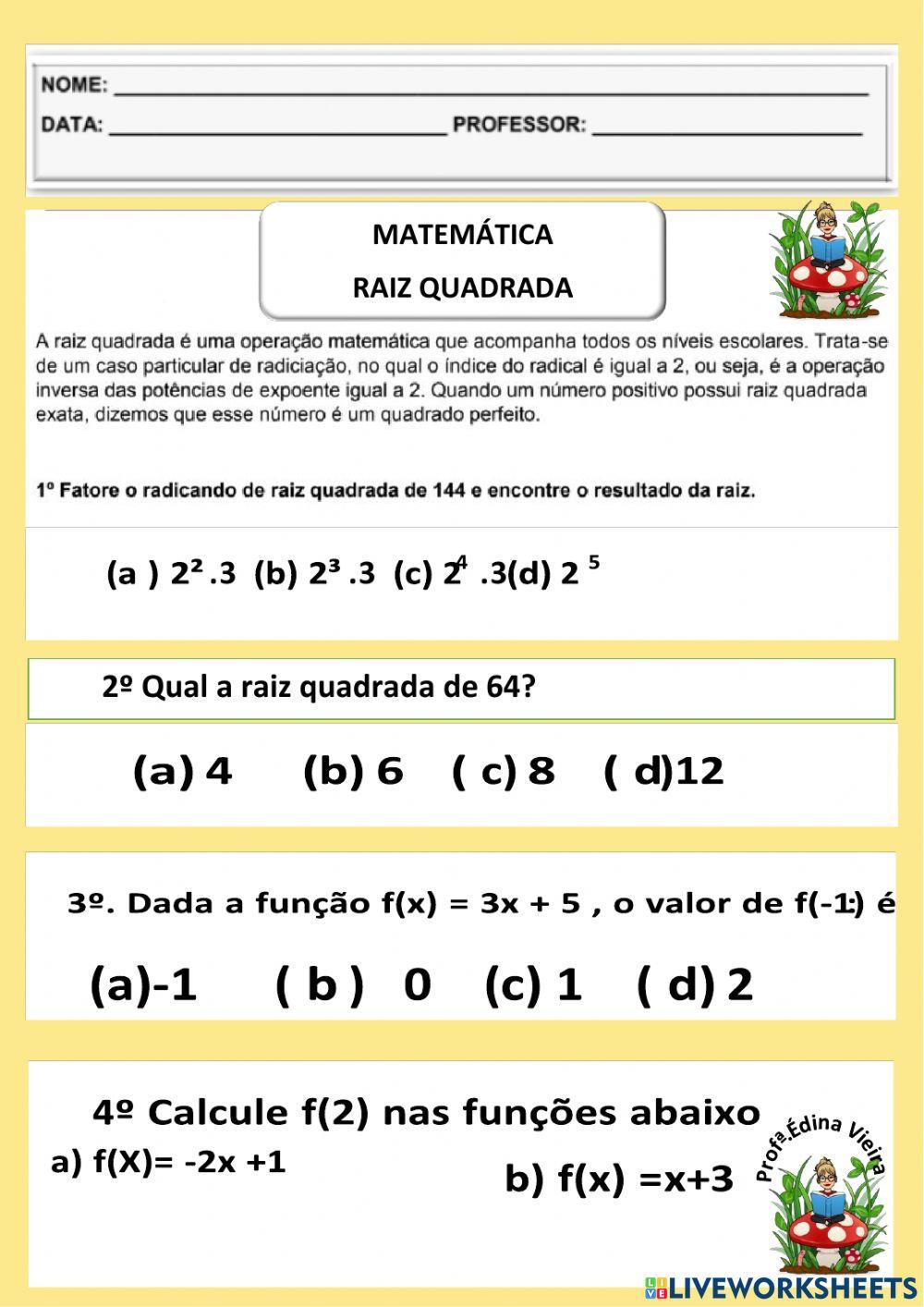 Raiz Quadrada | Free Interactive Worksheets | 922587