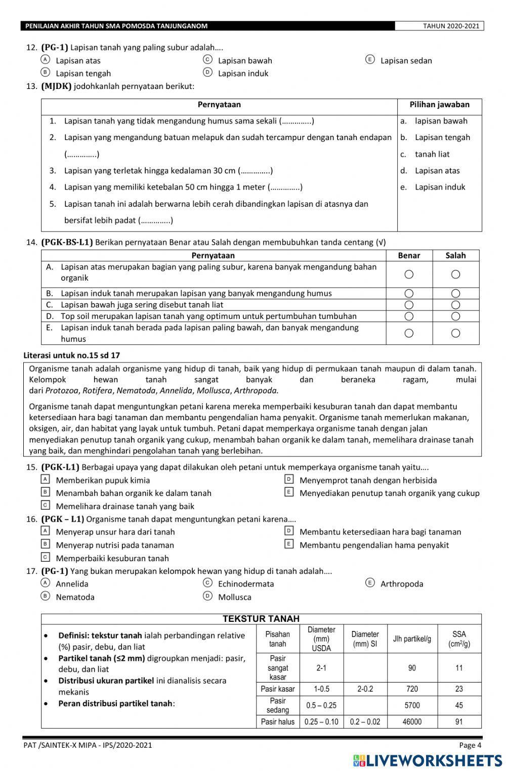 PAT Genap 2021 worksheet for X | Live Worksheets