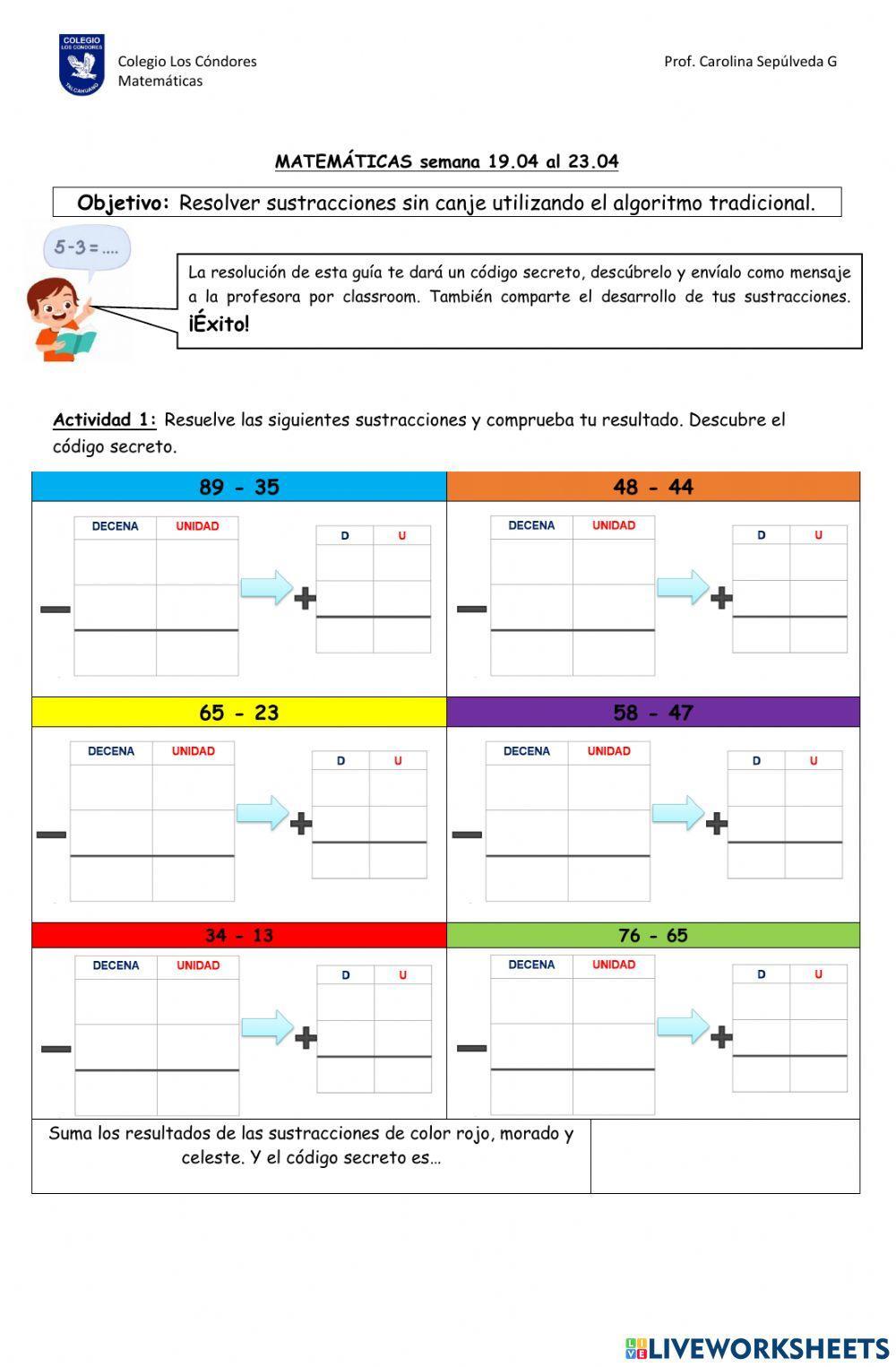 Restas simples activity | Live Worksheets