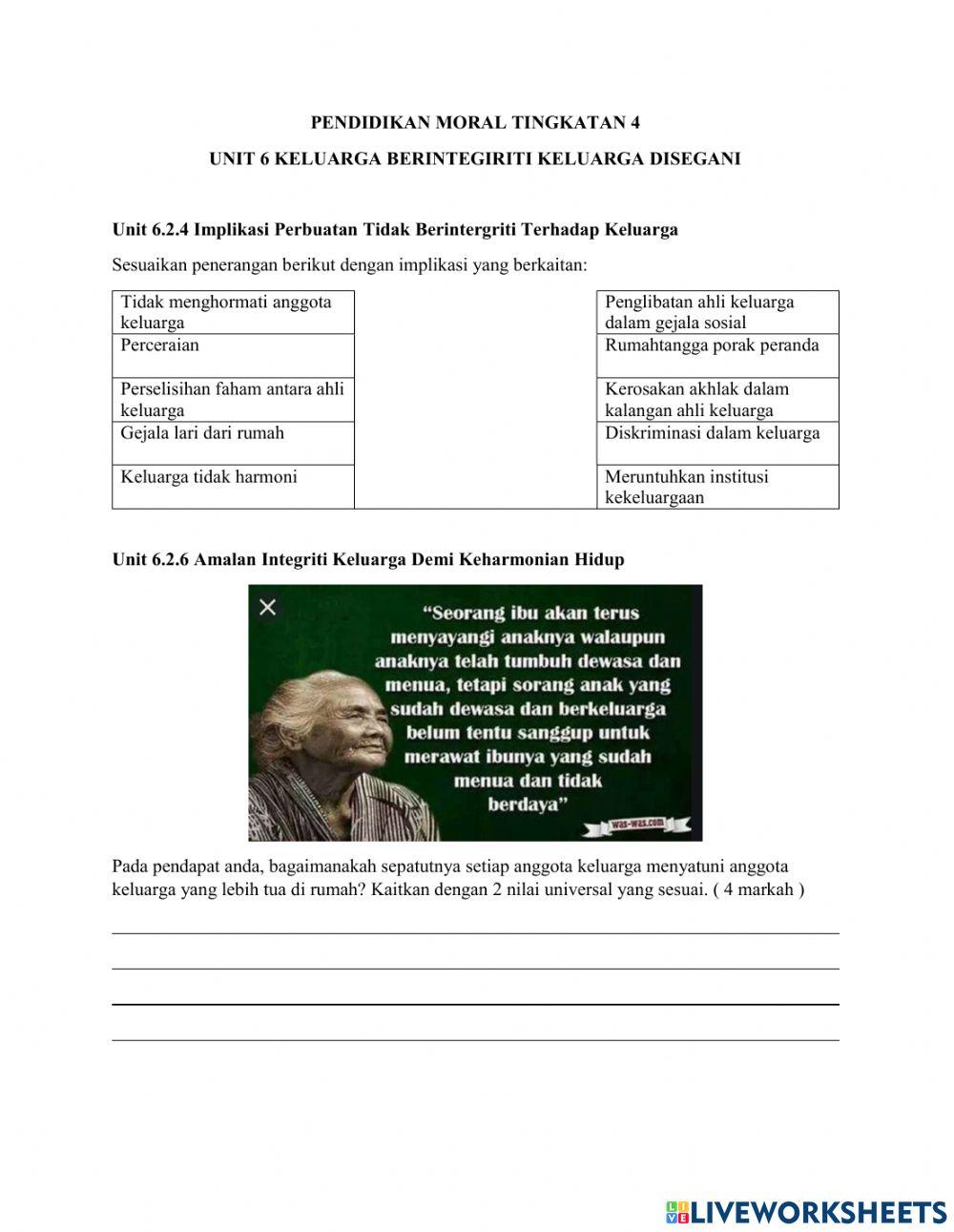Pendidikan Moral Tingkatan 4: Unit 6.2 Keluarga Berintegriti-Implikasi&Amalan worksheet | Live ...
