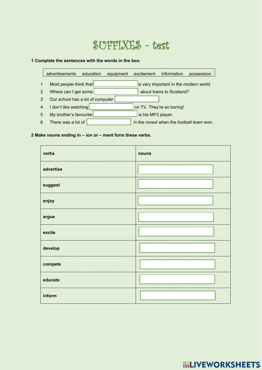 SUffixes | Free Interactive Worksheets | 924333