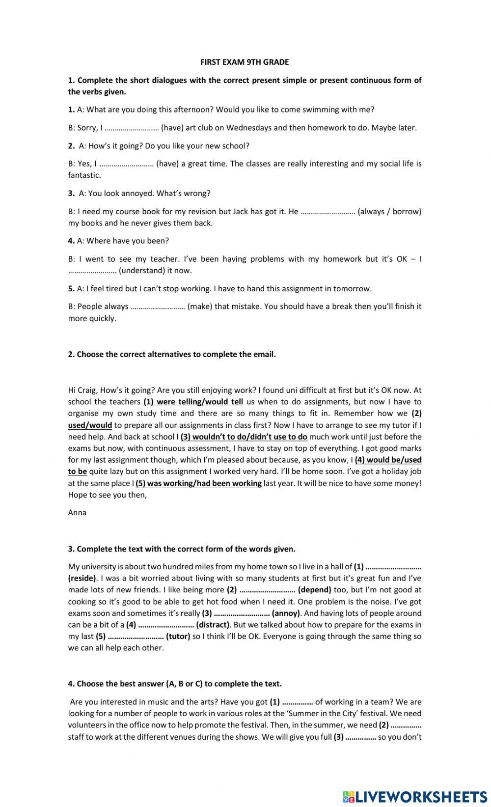 First exam 9th GRADE worksheet | Live Worksheets