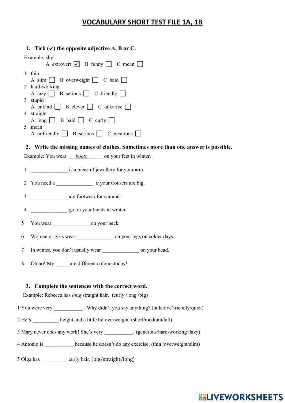 875651 | EF 3rd edition pre-interm, File 1a-b vocab test