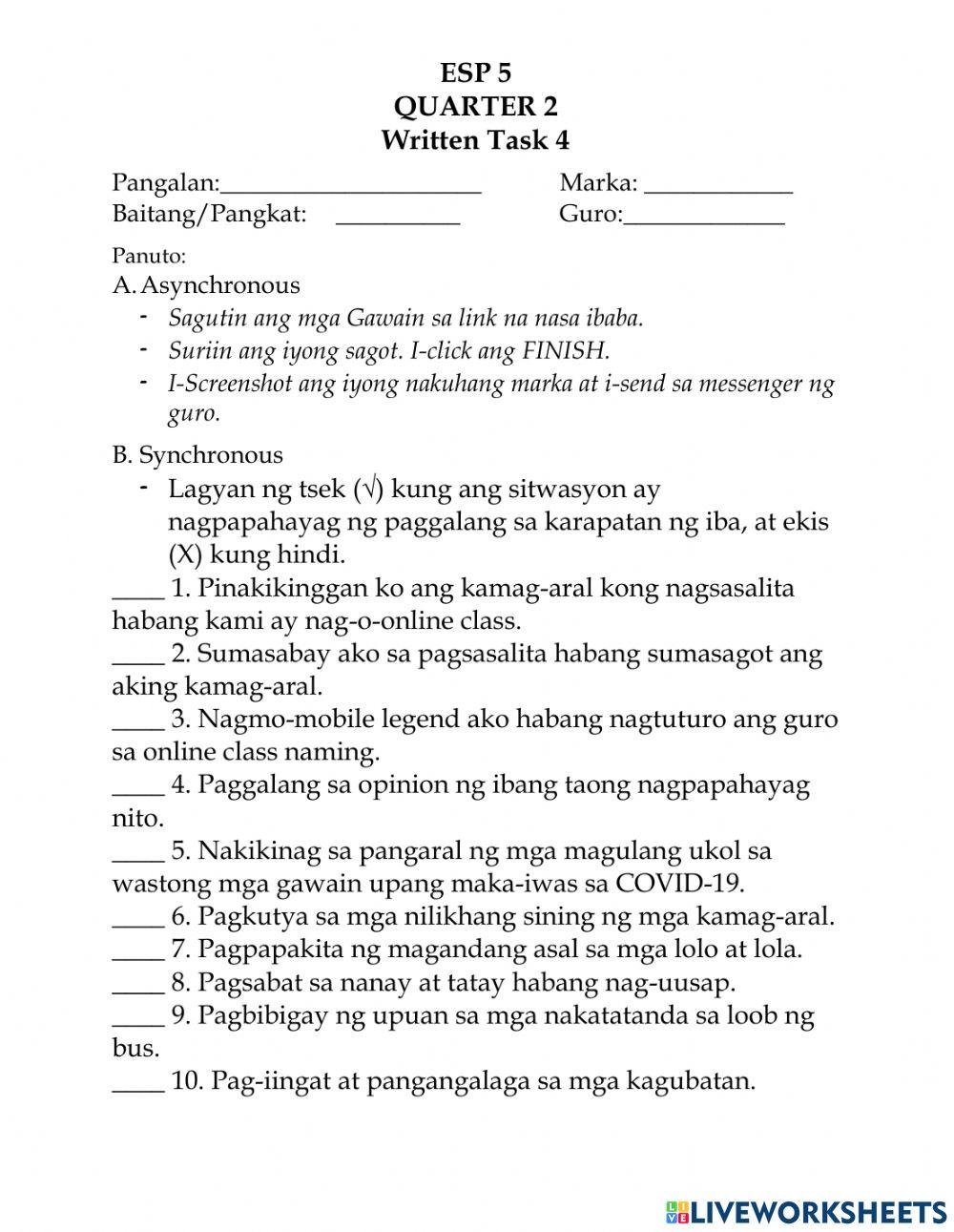 ESP 5 Written T… | Free Interactive Worksheets | 4929554