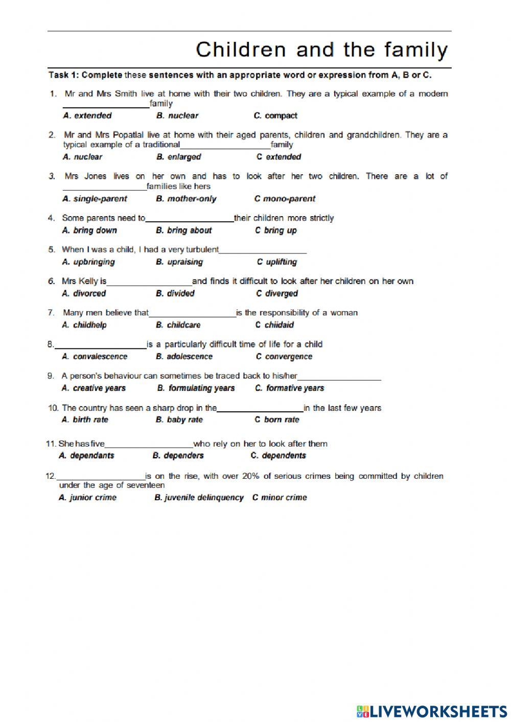 Children and the Family worksheet | Live Worksheets