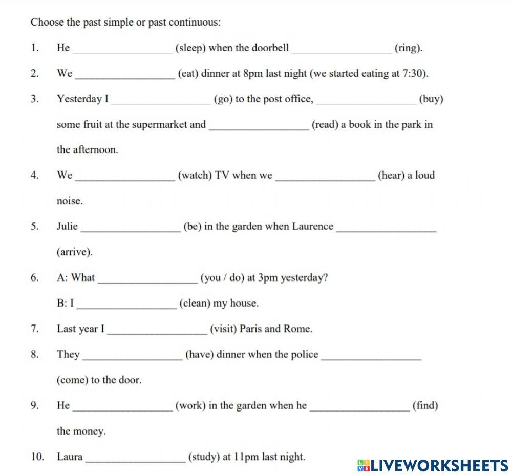 Past Simple and Past Continuous online worksheet for 8 | Live Worksheets