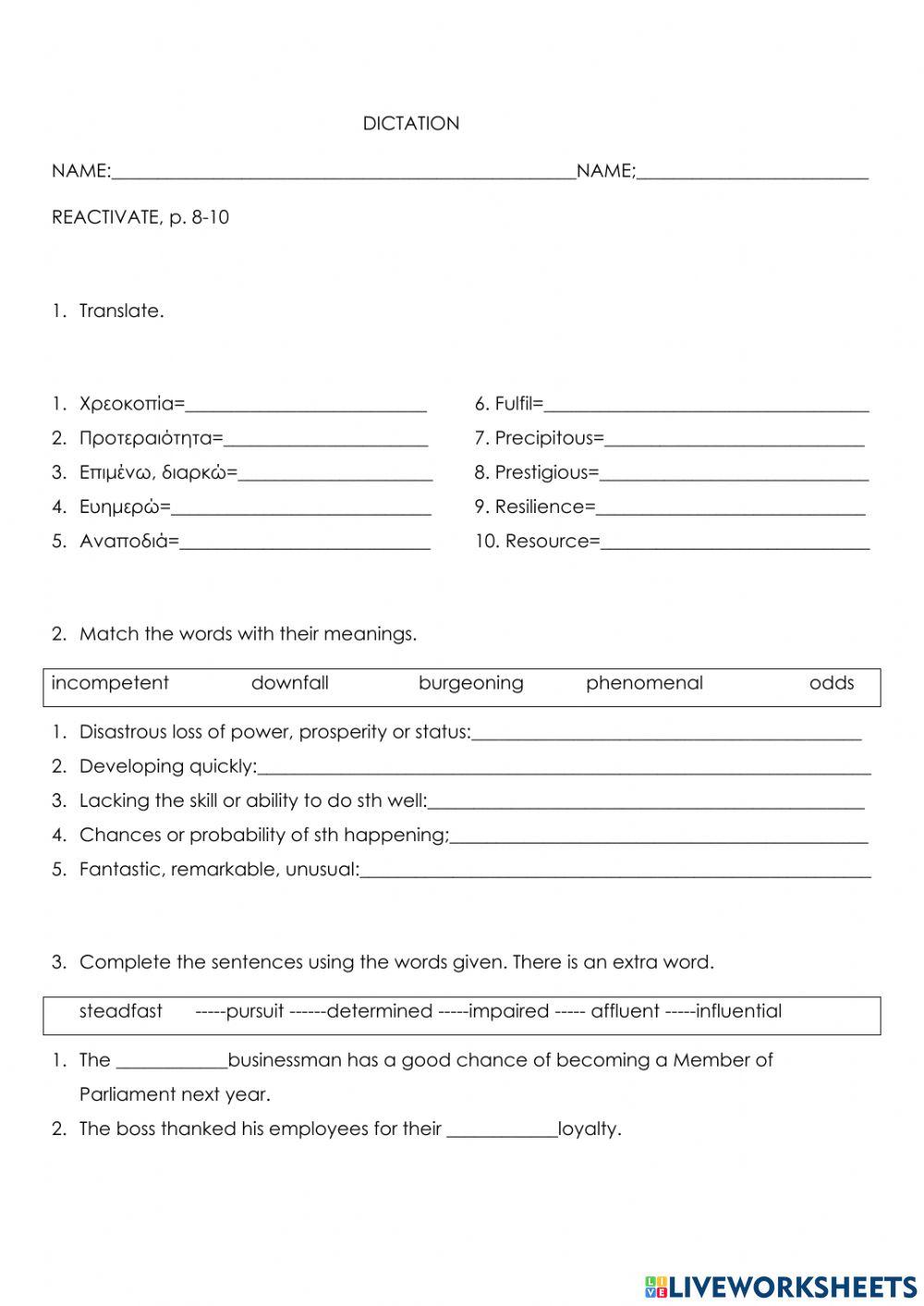 Reactivate, p. 8-10 worksheet | Live Worksheets