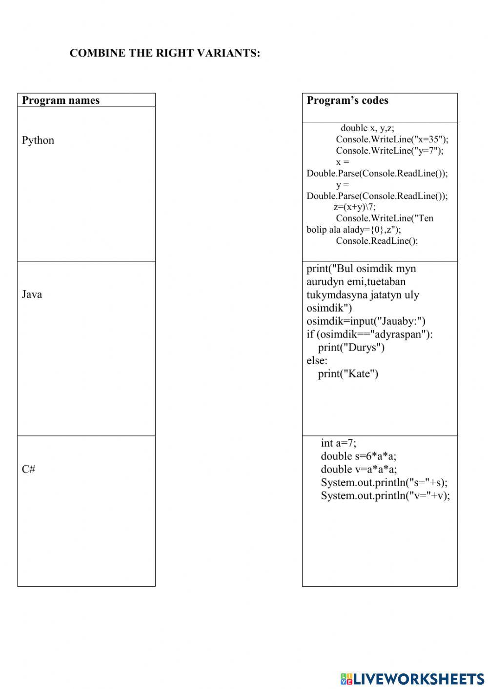 Computer Science Online Activity Live Worksheets