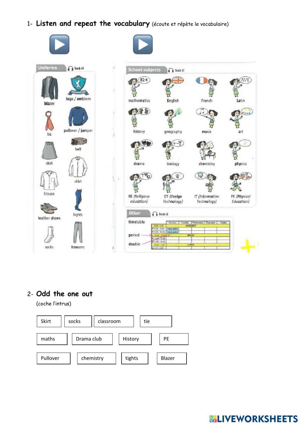 Vocabulary uniforms and school subjects worksheet | Live Worksheets