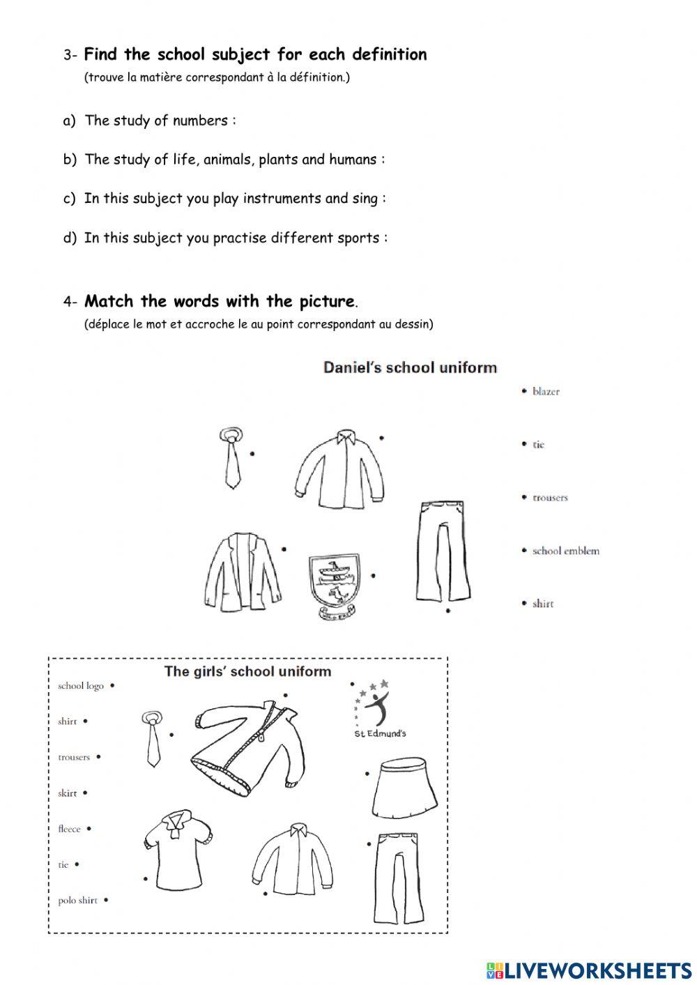 Vocabulary uniforms and school subjects worksheet | Live Worksheets