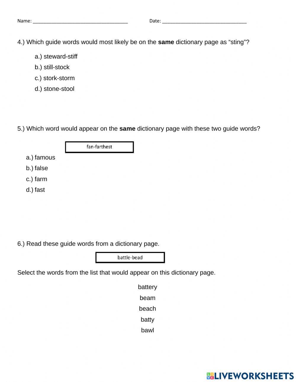Guide Words Graded Assignment worksheet | Live Worksheets