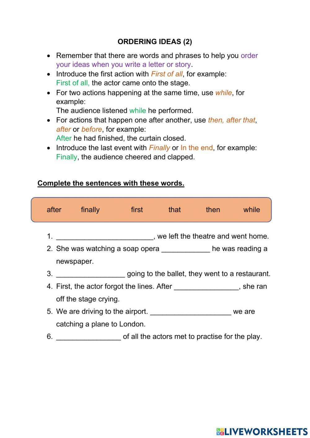 Ordering ideas | Free Interactive Worksheets | 926589