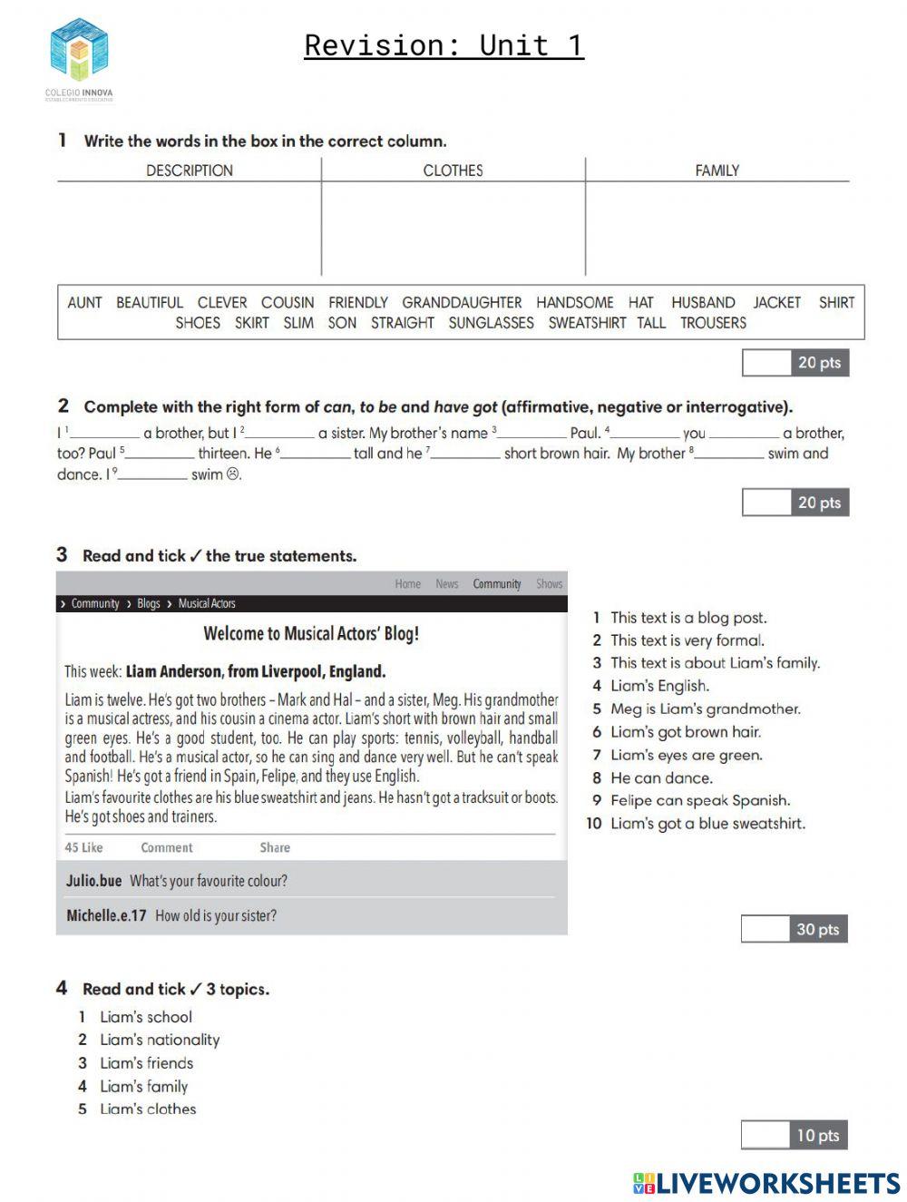 Revision: Unit 1 | Free Interactive Worksheets | 6546185