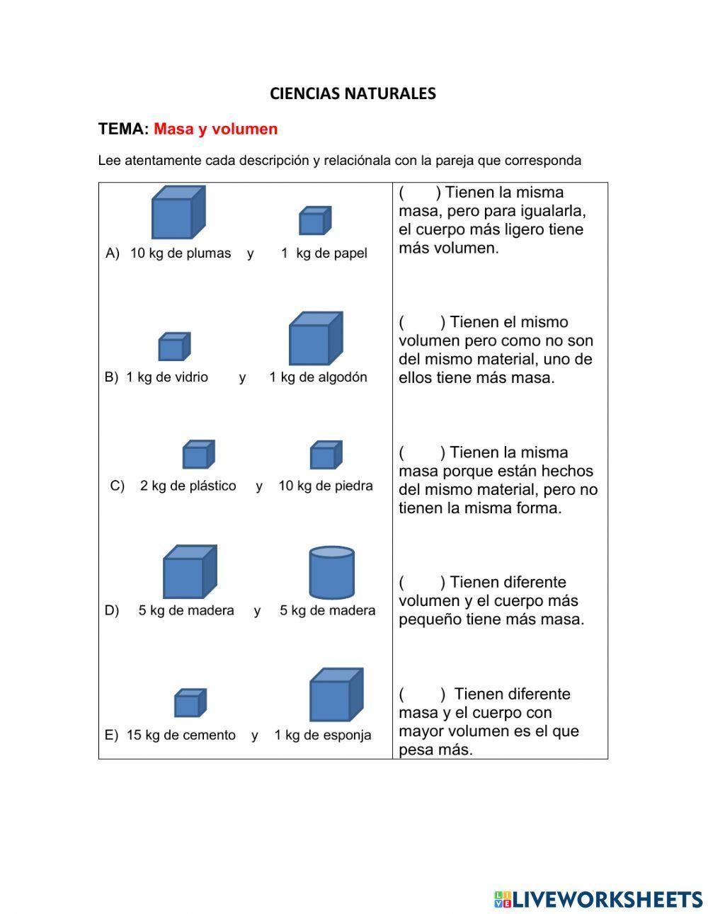 Masa y volumen | Free Interactive Worksheets | 926896