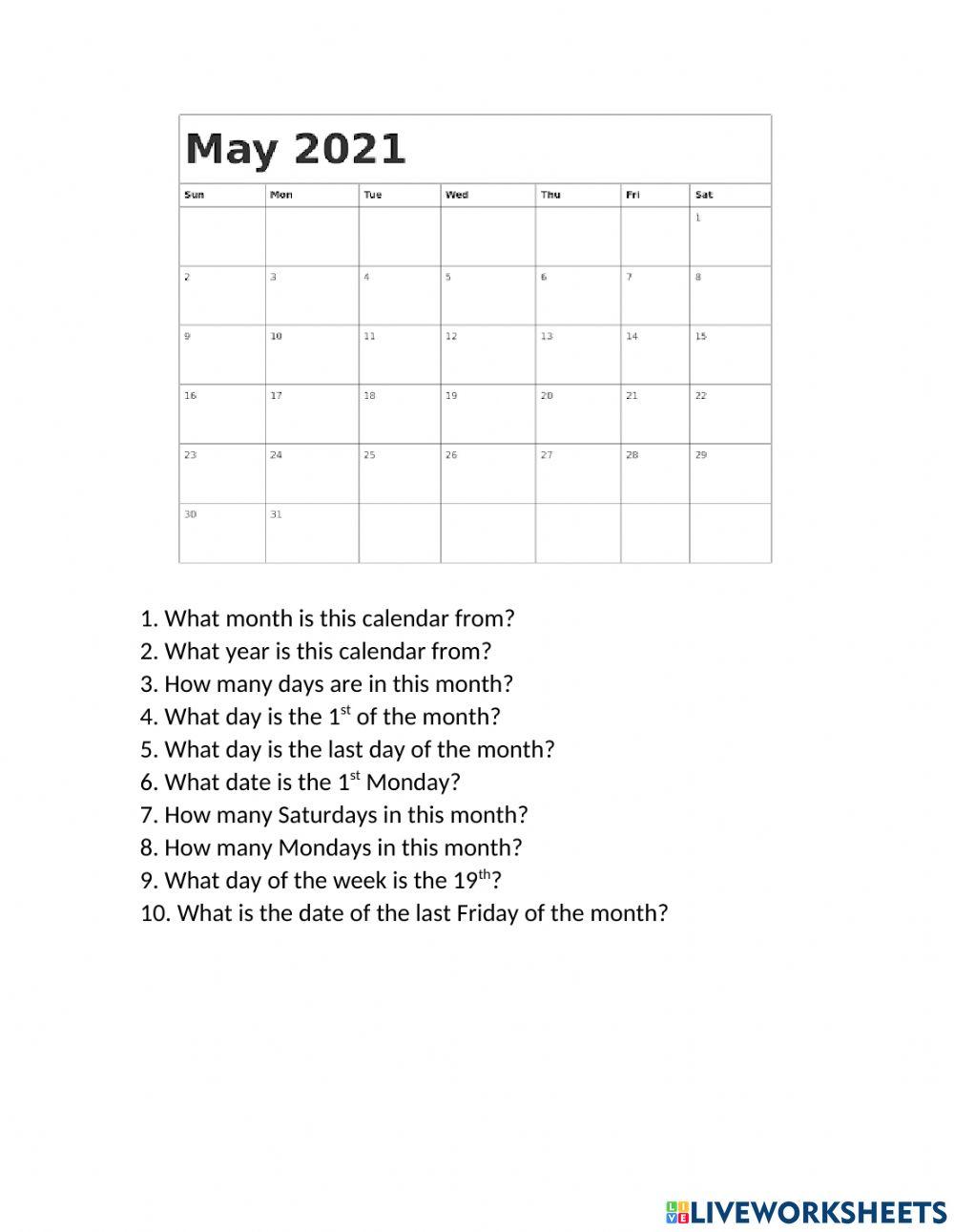 Calendar free online exercise | Live Worksheets