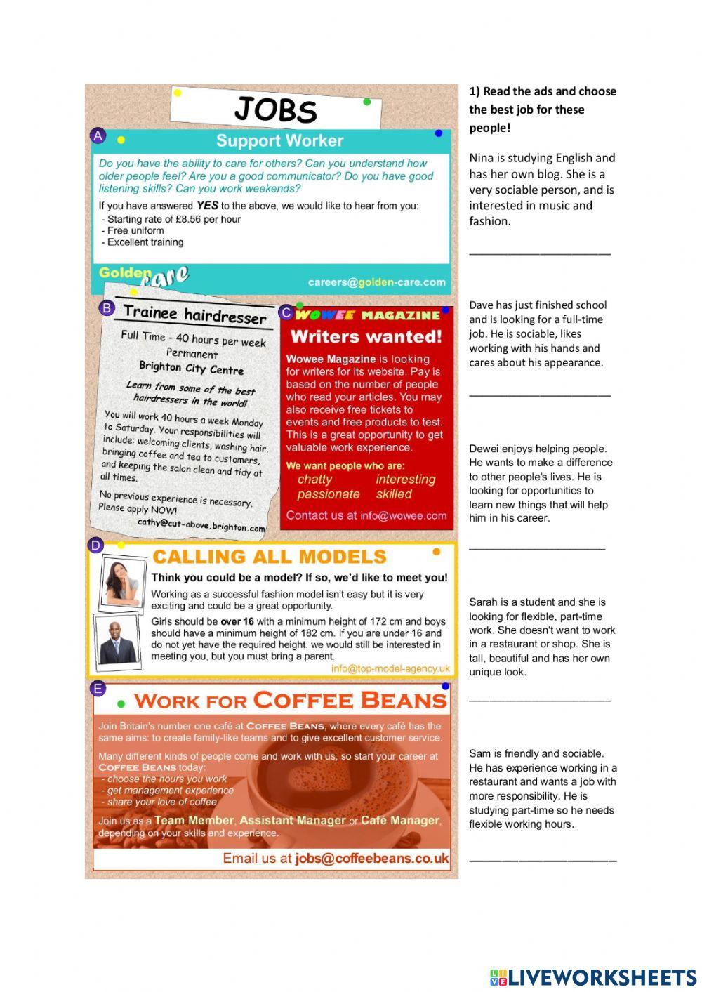 Job adverts - Reading (B1) online exercise for | Live Worksheets