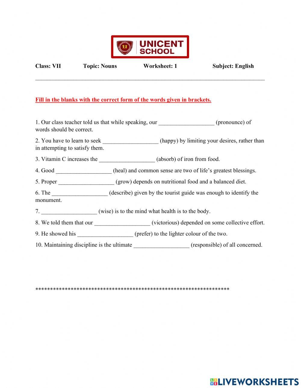 Nouns online exercise for Pre-intermediate | Live Worksheets