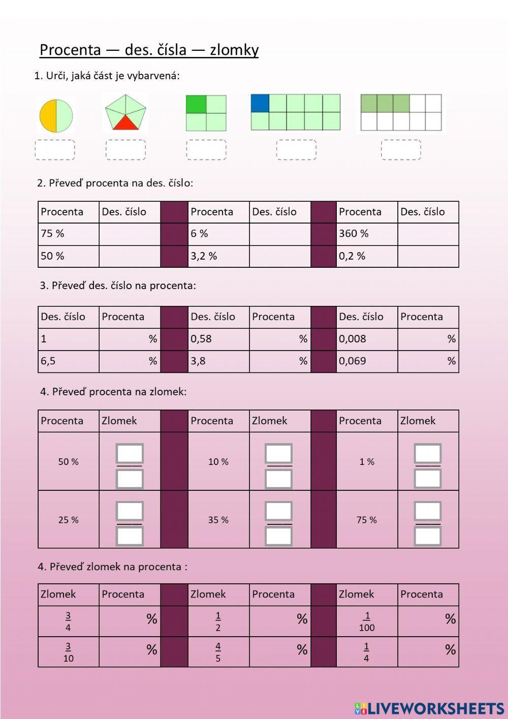 Procenta - převody na zlomky a des. čísla worksheet | Live Worksheets