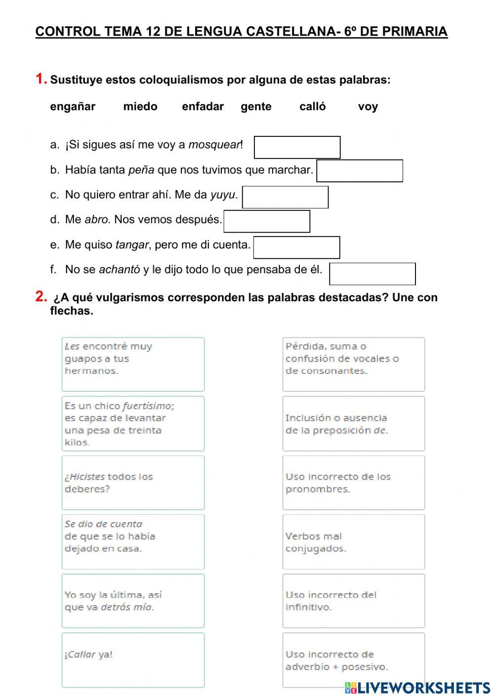 CONTROL TEMA 12 LENGUA CASTELLANA worksheet | Live Worksheets